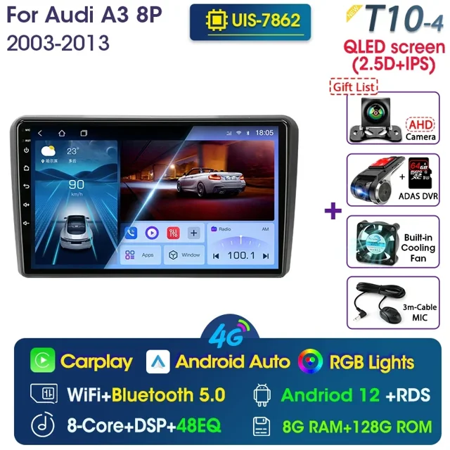 Android 12 2Din Car Radio for Audi A3 8P 2003 - 2013 Multimedia Player Navigation Wireless ...