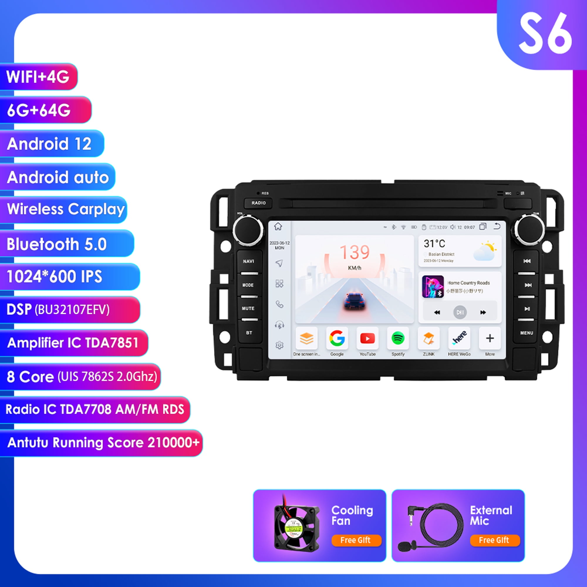 Android 12 Bluetooth Apple Carplay 6+64GB Wifi RDS Car Stereo Radio ...