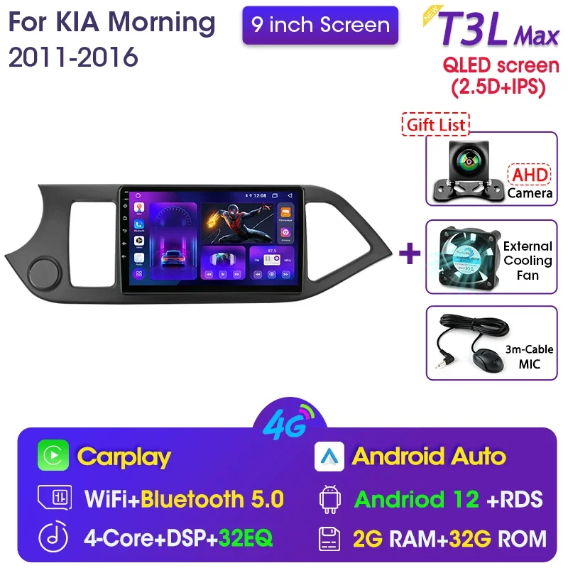 Android 12 Car Radio for KIA PICANTO Morning 2 2011-2016 Multimedia Player 2Din Carplay Auto ...