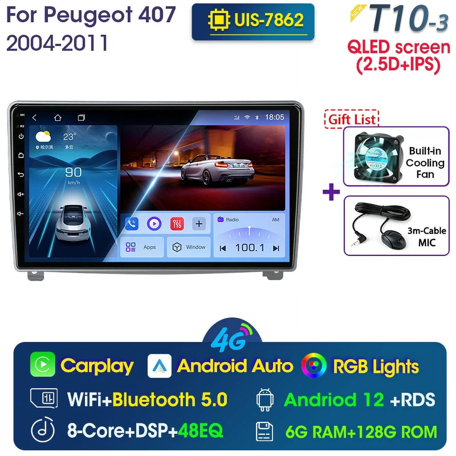 Android 12 Car Radio for Peugeot 407 2004-2011 Multimedia Player 2Din ...
