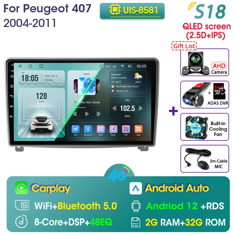 Android 12 Car Radio for Peugeot 407 2004-2011 Multimedia Player 2Din ...