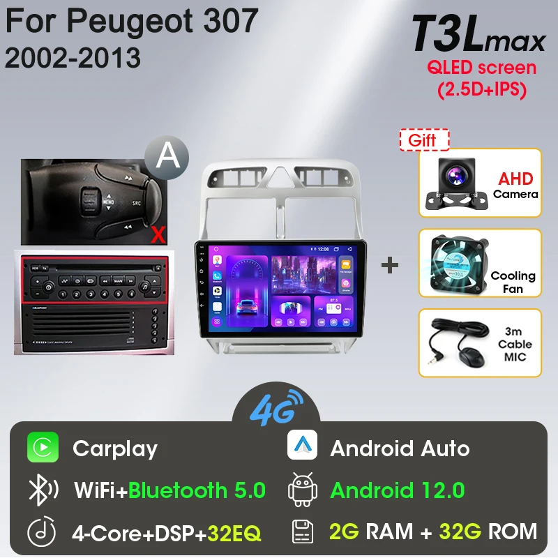 Android 12 Wireless Carplay Auto Car Radio for Peugeot 307 307CC SW 2002-2013 2Din Stereo ...
