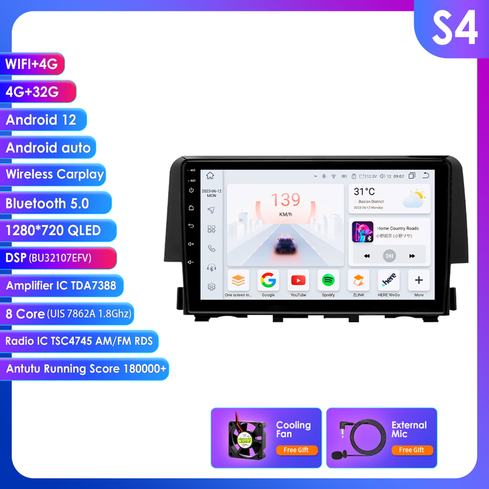 Android 13 Bluetooth Apple CarPlay 4+32GB Wifi AUX Car Stereo Radio Head Unit Multimedia GPS ...