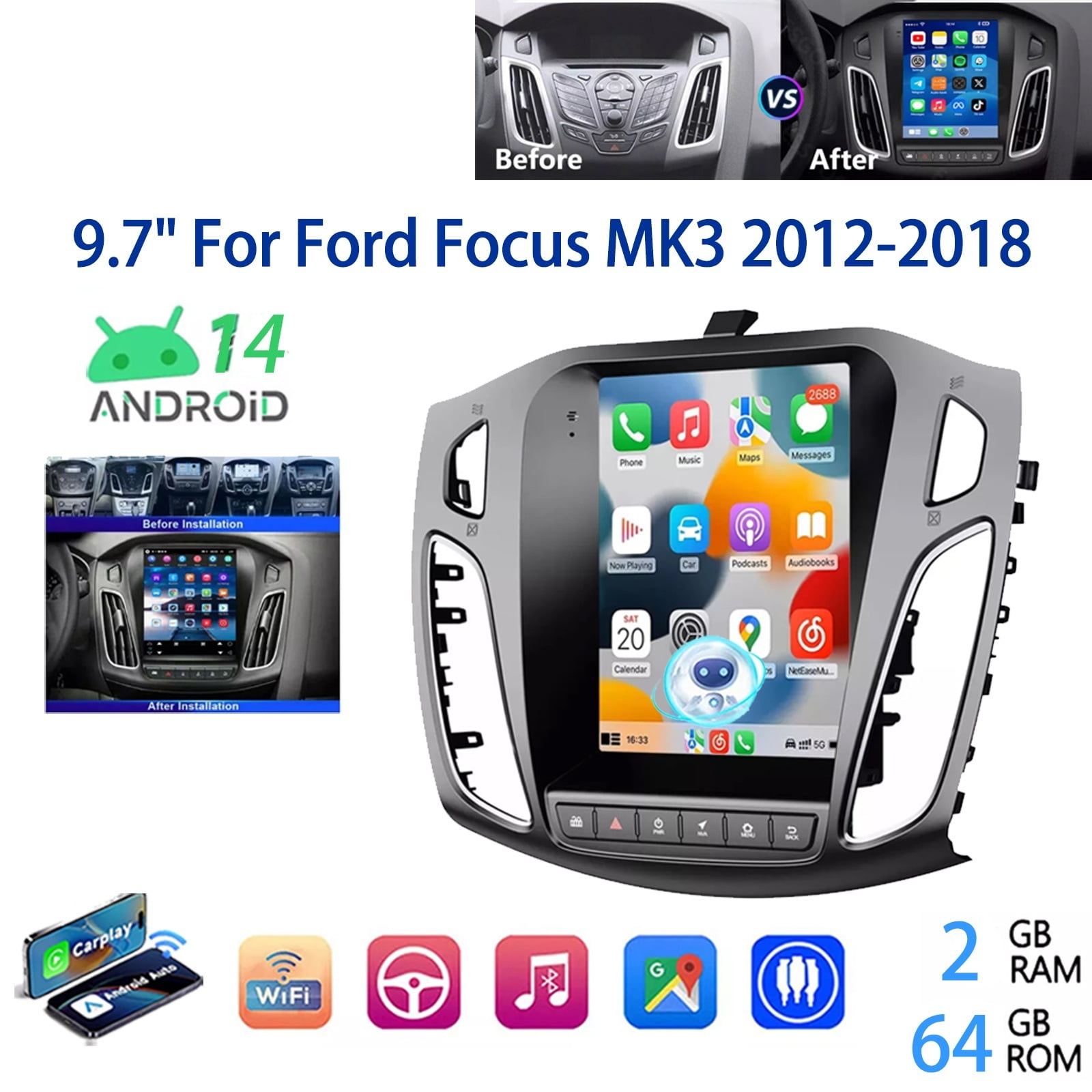 Android 14 2 DIN For Ford Focus MK3 2012-2018 9.7" Car Stereo Radio ...