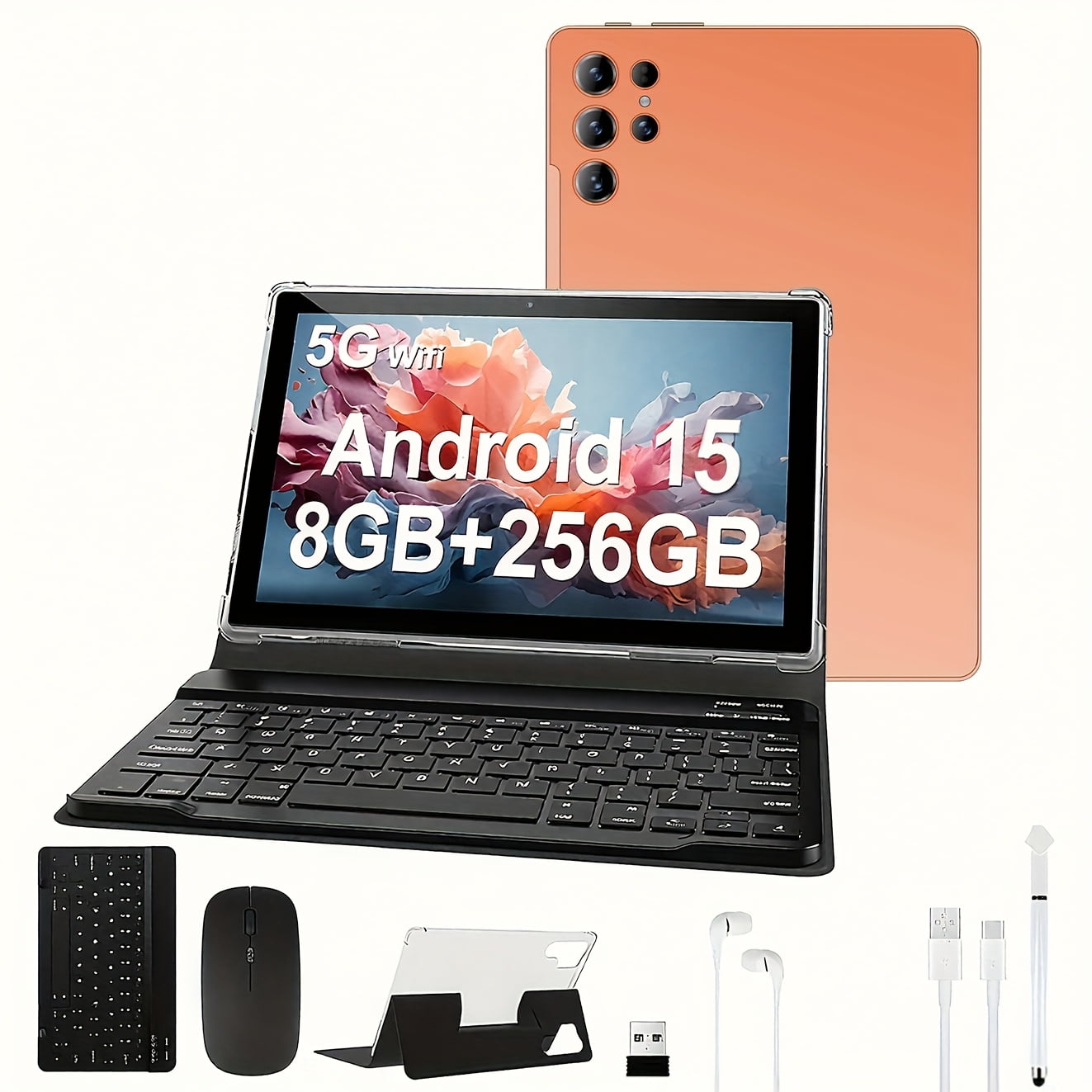Android 15 10.1" Tablet 8GB+256GB - 8000mAh 17MP Dual Cam + Keyboard ...