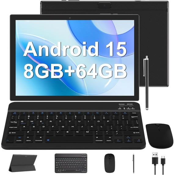 Android 15 Tablet 10 Inch 2 in 1 Tablets with Keyboard/ Mouse/ Case ...
