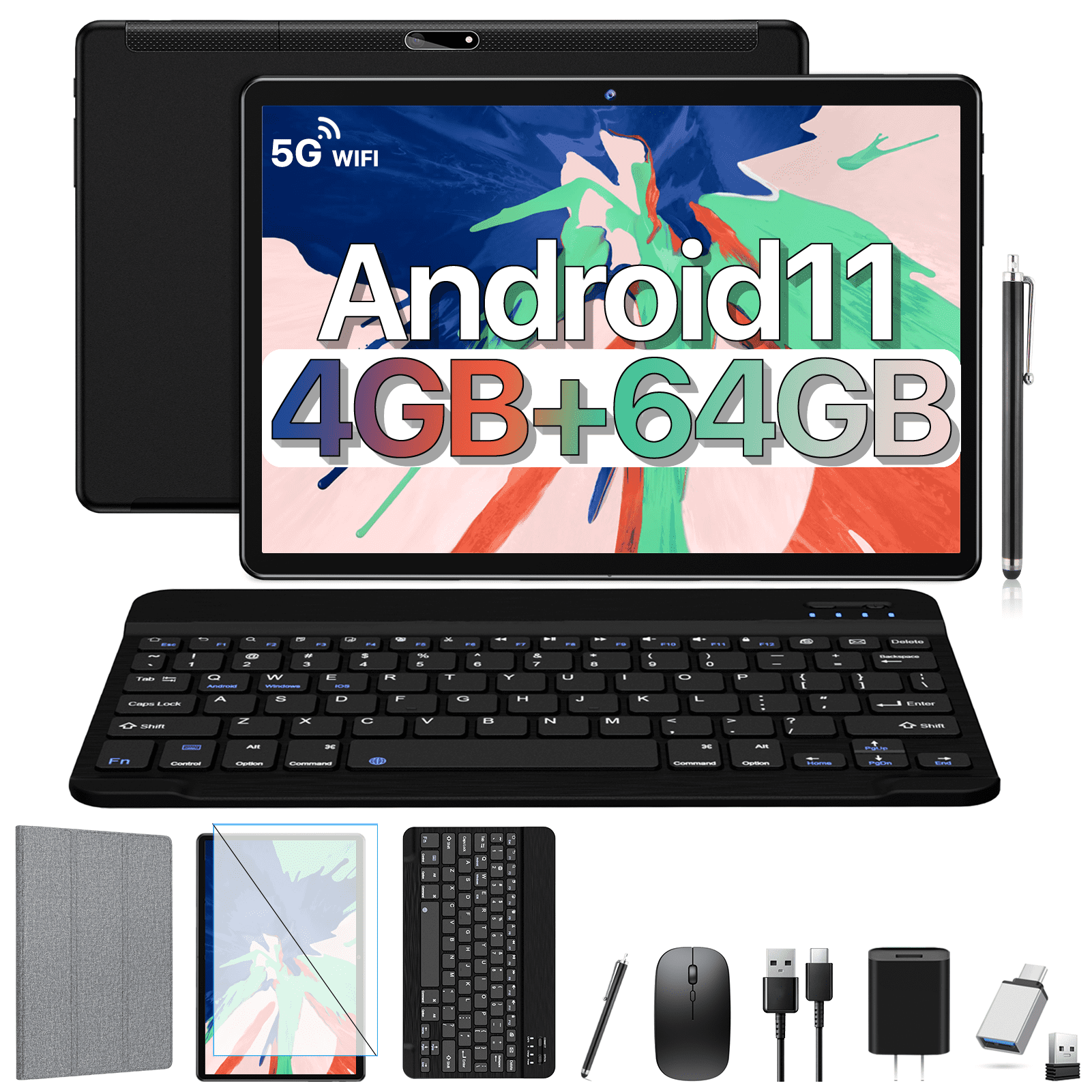 Tablet with Keyboard Android 11 Quad-Core Arm 4GB RAM 64GB ROM 1TB Expand 5G Wifi Google ...
