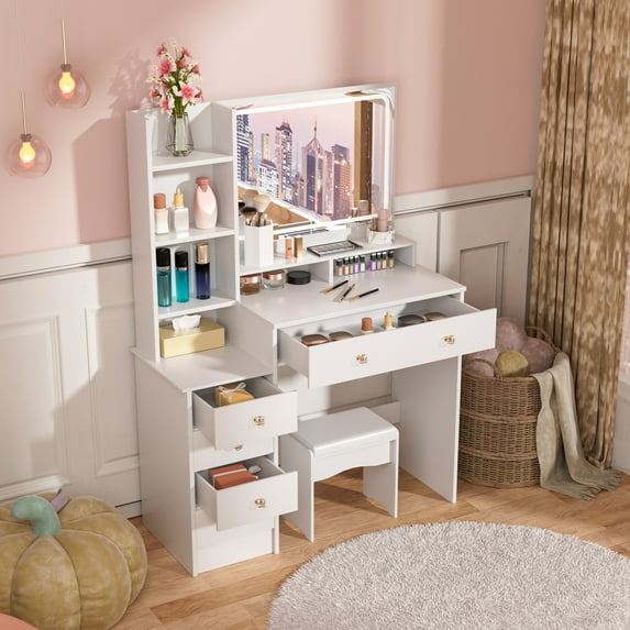 Andvari Dressing Table, Mirror, Storage With 7 shelves, 5 drawers, LED ...