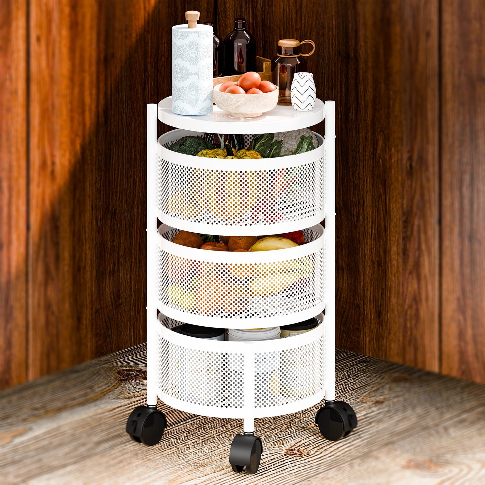 Andvari Triple Layer Kitchen Floor Fruit Stand White Circular Rotating ...
