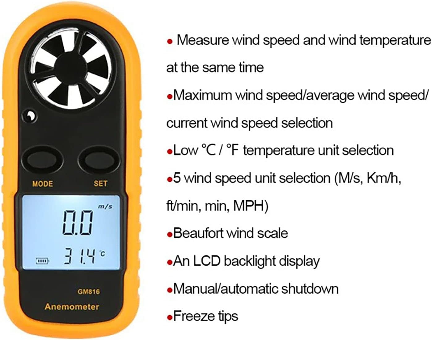 Anemometer Handheld Mini Wind Speed Temperature Gauge, Digital LCD ...