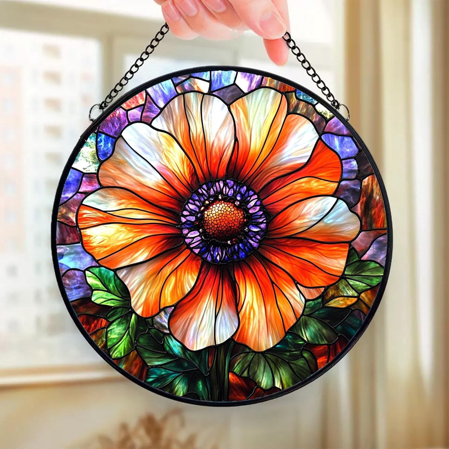 Anemone Bloom Ornament Suncatcher 6.4 in Stained Glass Window Hanging ...