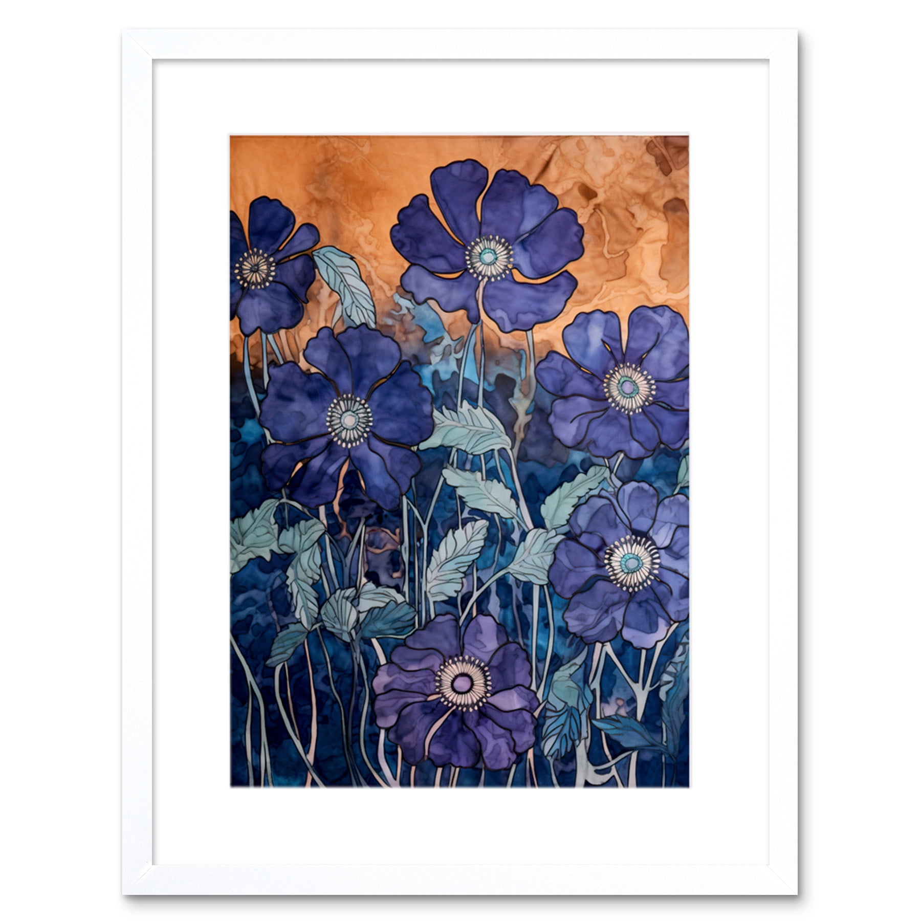 Anemone Flower Blue and Amber Watercolour Painting Artwork Framed Wall ...