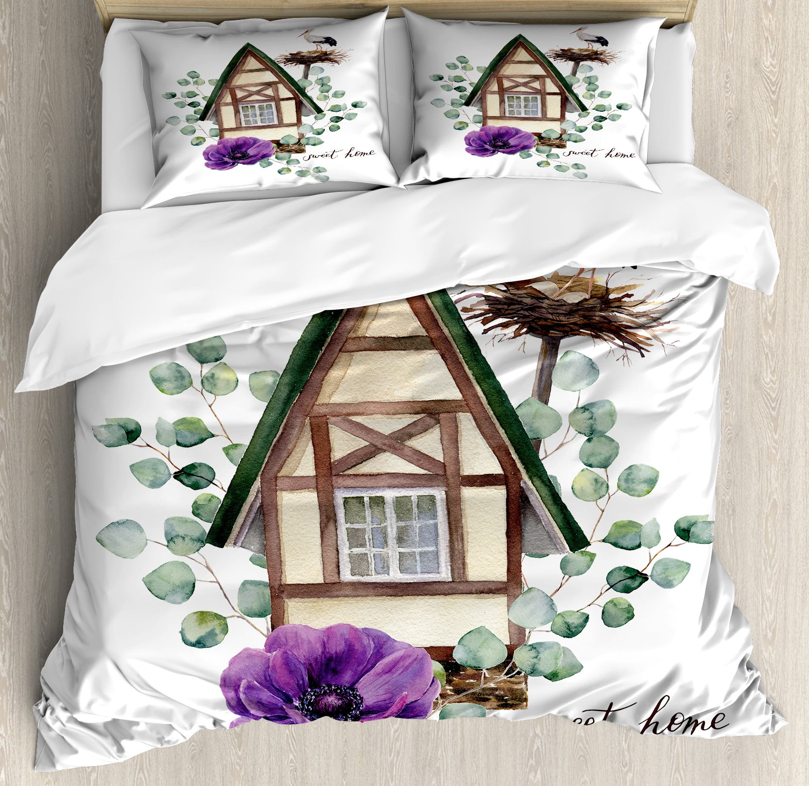 Anemone Flower Duvet Cover Set, Watercolor Layout Happy Home House in ...
