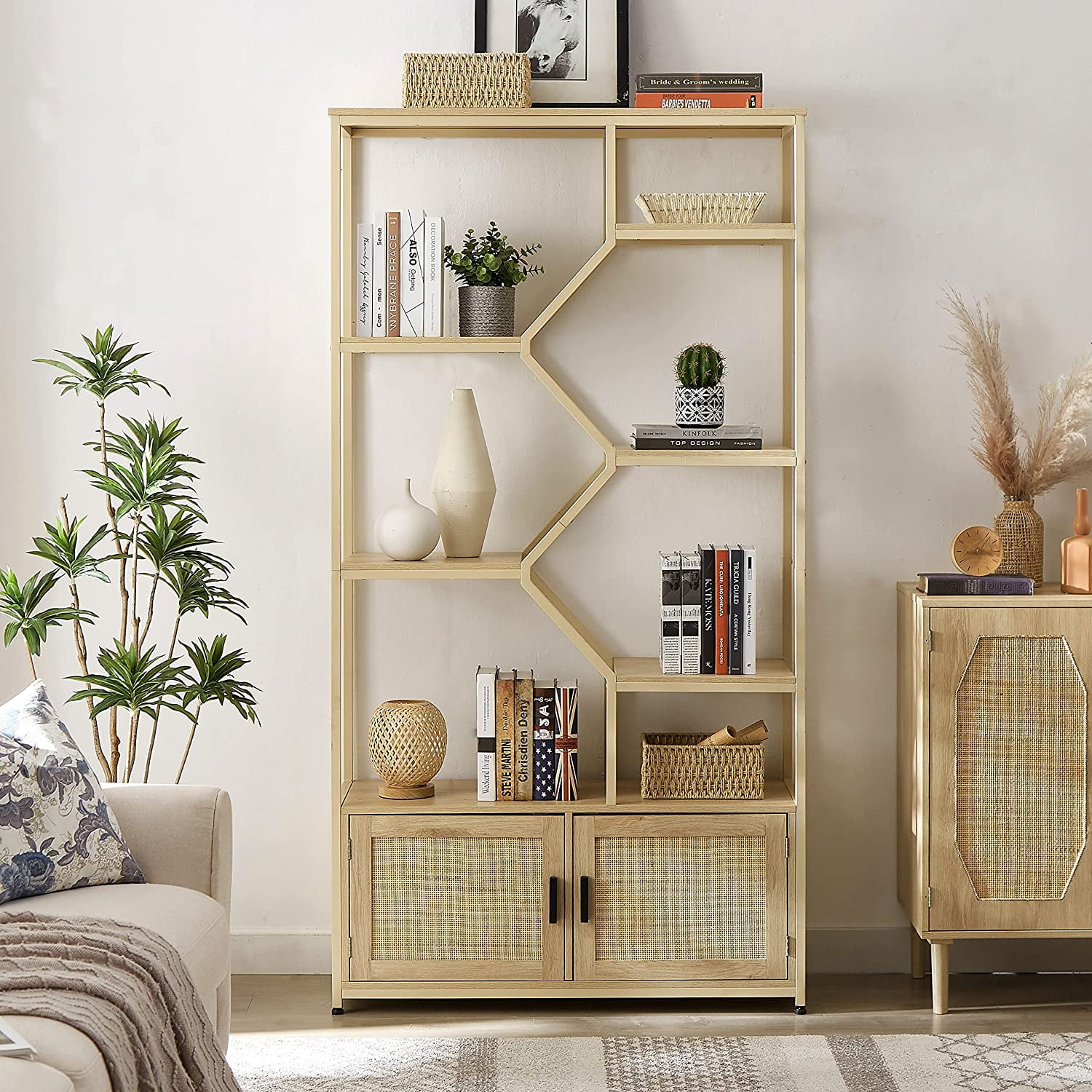 AngLink Rattan Bookshelf 5 Tiers Shelves, Boho Storage Rack for Living ...