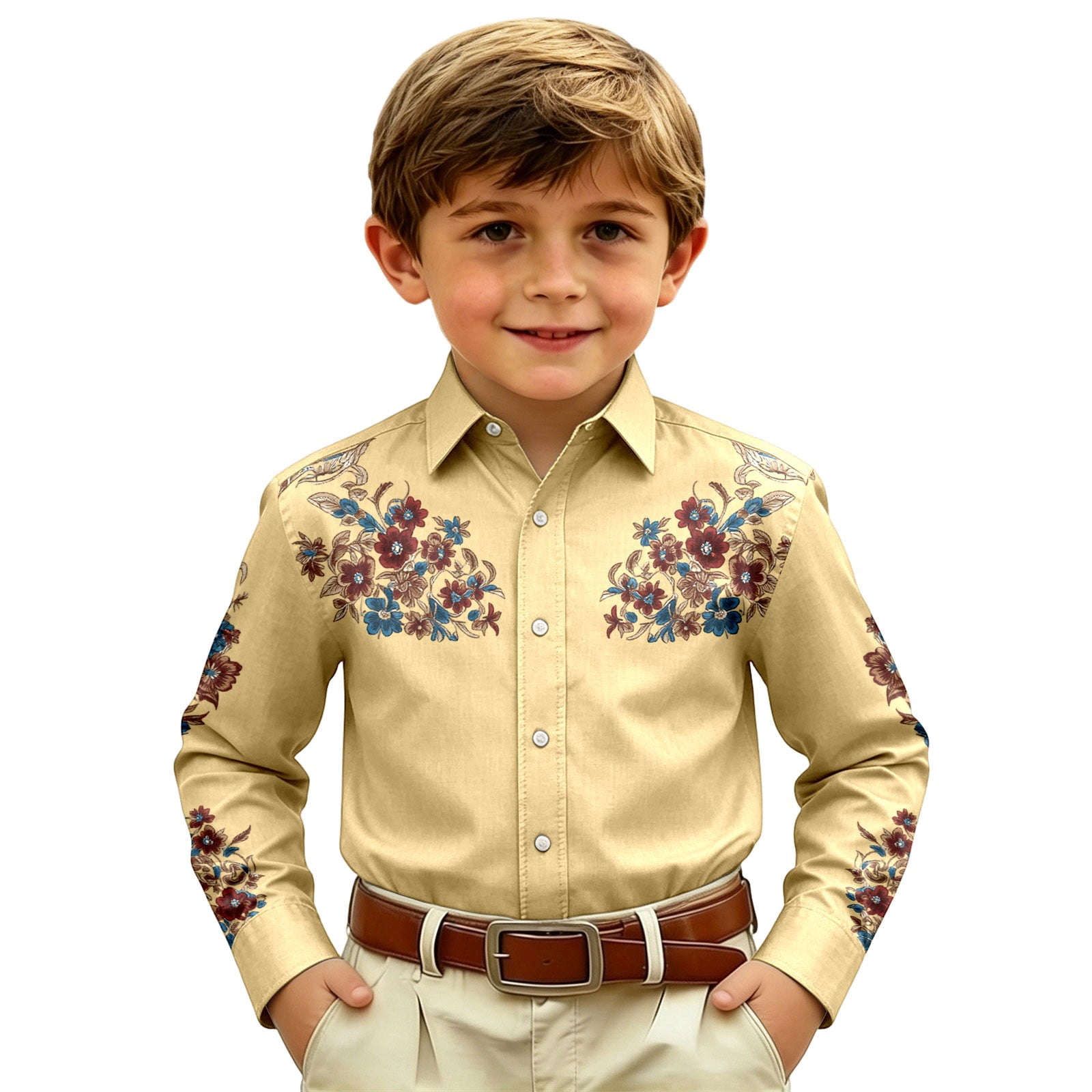 Angala Boys Tops Long Sleeve Shirts Button Down Lapel Neck Floral Print ...