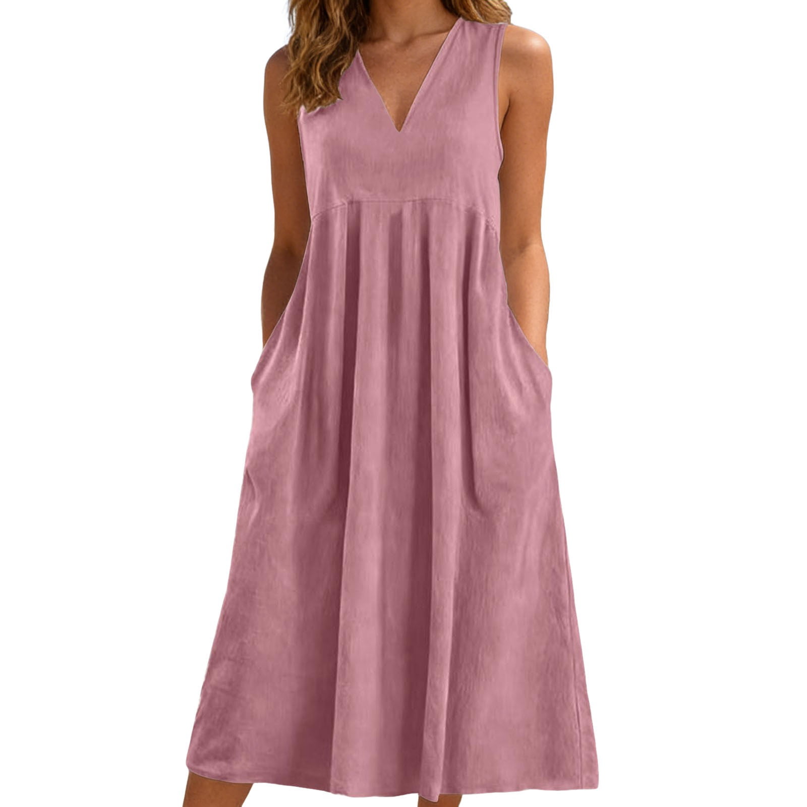 Angala Casual Women Dresses Linen V Neck A Line Maxi Dresses Solid ...