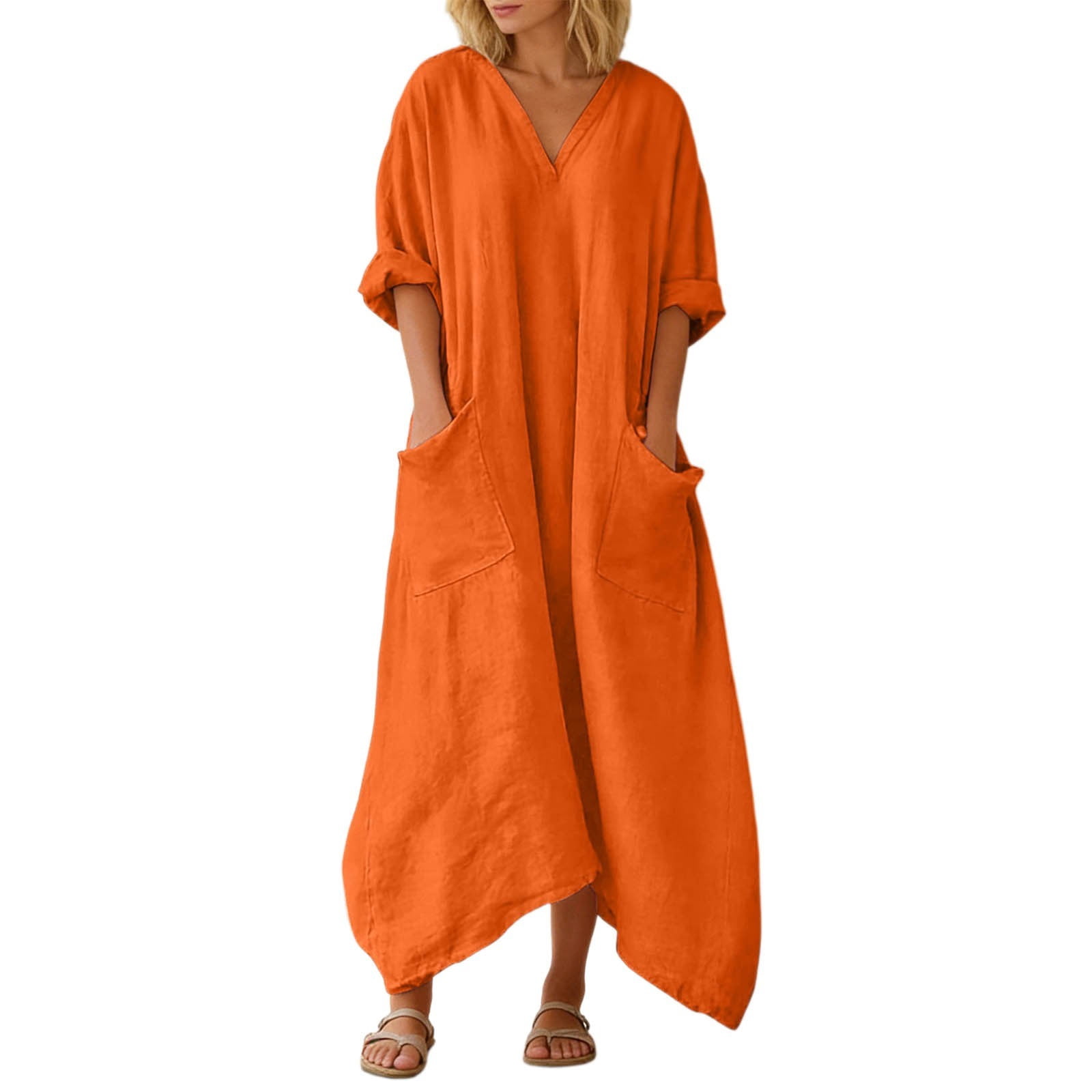 Angala Casual Women Dresses V Neck A Line Long Dresses Solid Short ...