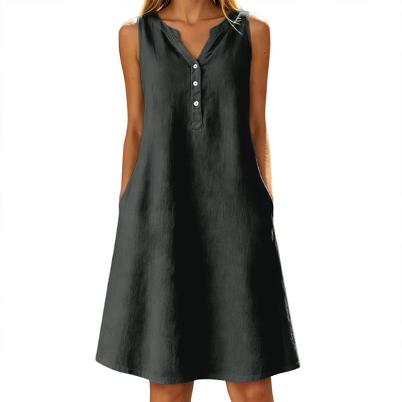 Angala Casual Women Dresses V Neck A Line Midi Dresses Solid Sleeveless ...