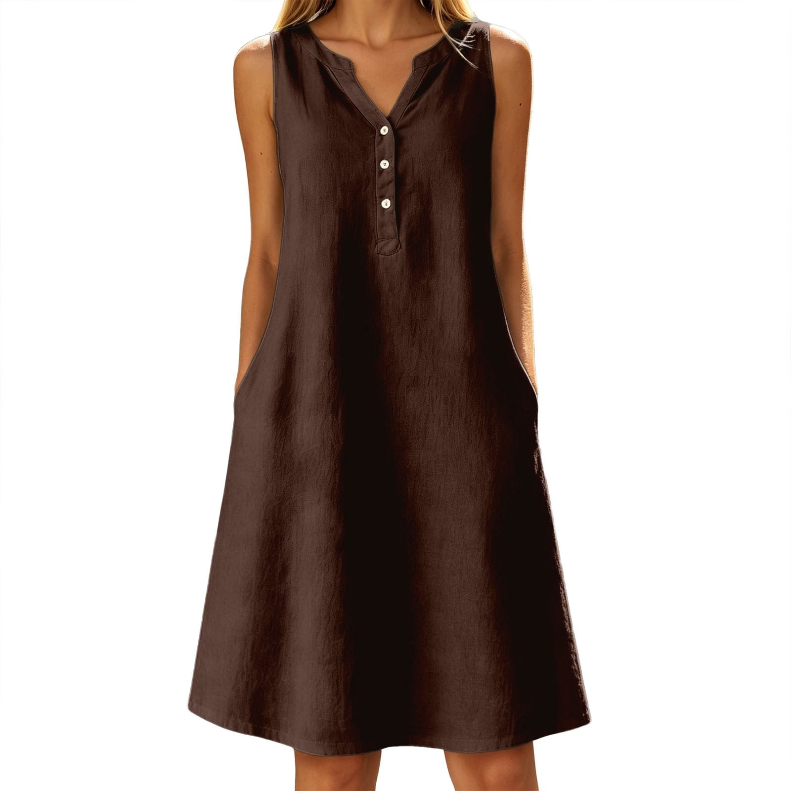 Angala Casual Women Dresses V Neck A Line Midi Dresses Solid Sleeveless ...