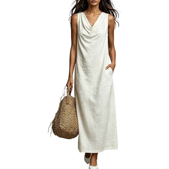 Angala Casual Women Dresses V Neck Long Dresses Solid Sleeveless Loose ...