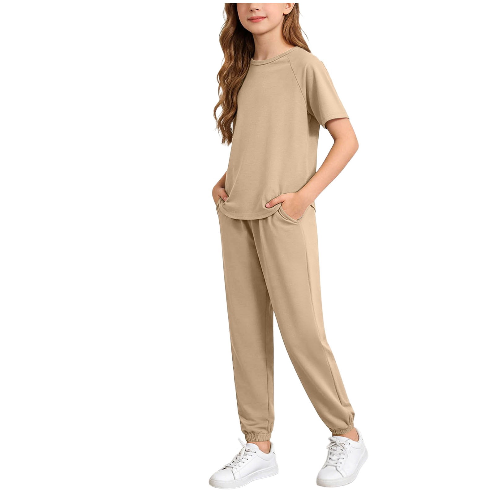 Angala Child Outfit Sets Crew Neck Short Sleeve Solid Tops With Pants ...