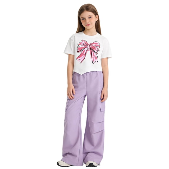 Angala Child Sets Crew Neck Short Sleeve Bowknot Print Tops With Solid ...