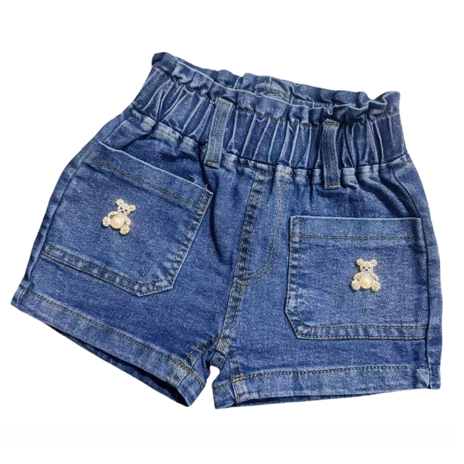 Angala Child Shorts Cartoon Bear Appliques Jean Shorts Elastic Waist ...