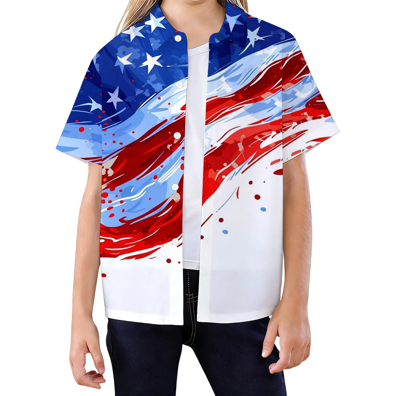 Angala Child Tops Short Sleeve Lapel Neck Graphic Print Buttons Summer ...