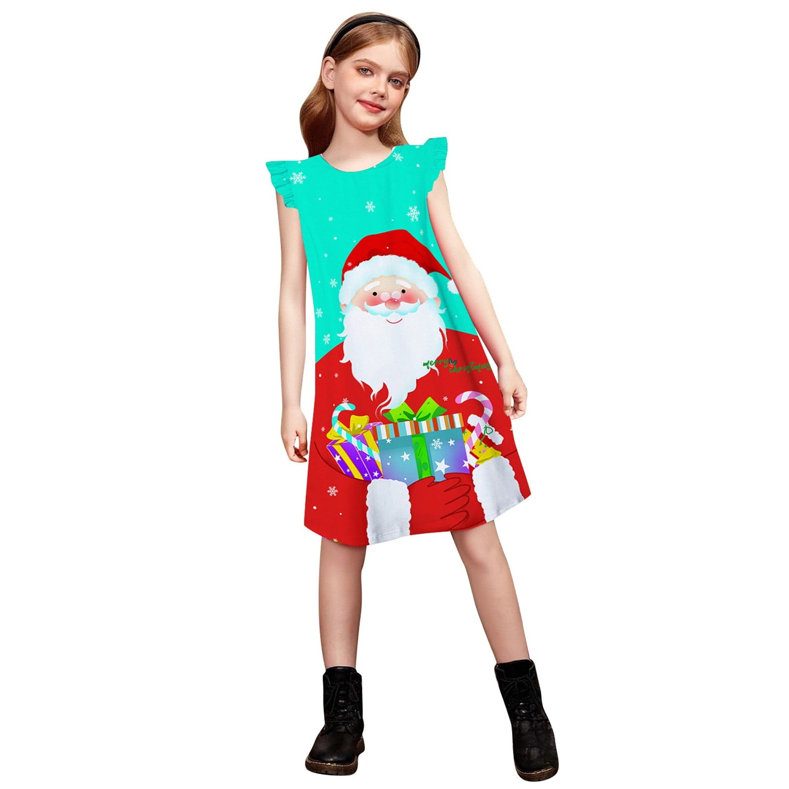 Angala Christmas Print Girls Nightgown Flutter Sleeve Dress Soft ...