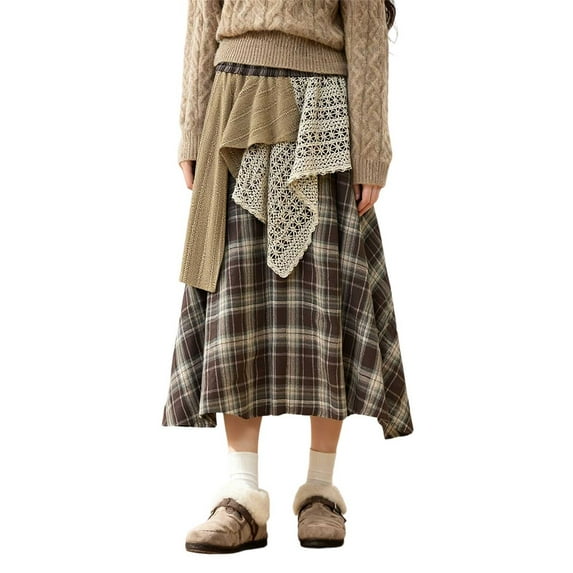 Angala Color Plaid Midi Skirt For High Waist Elastic Waistband A Line ...