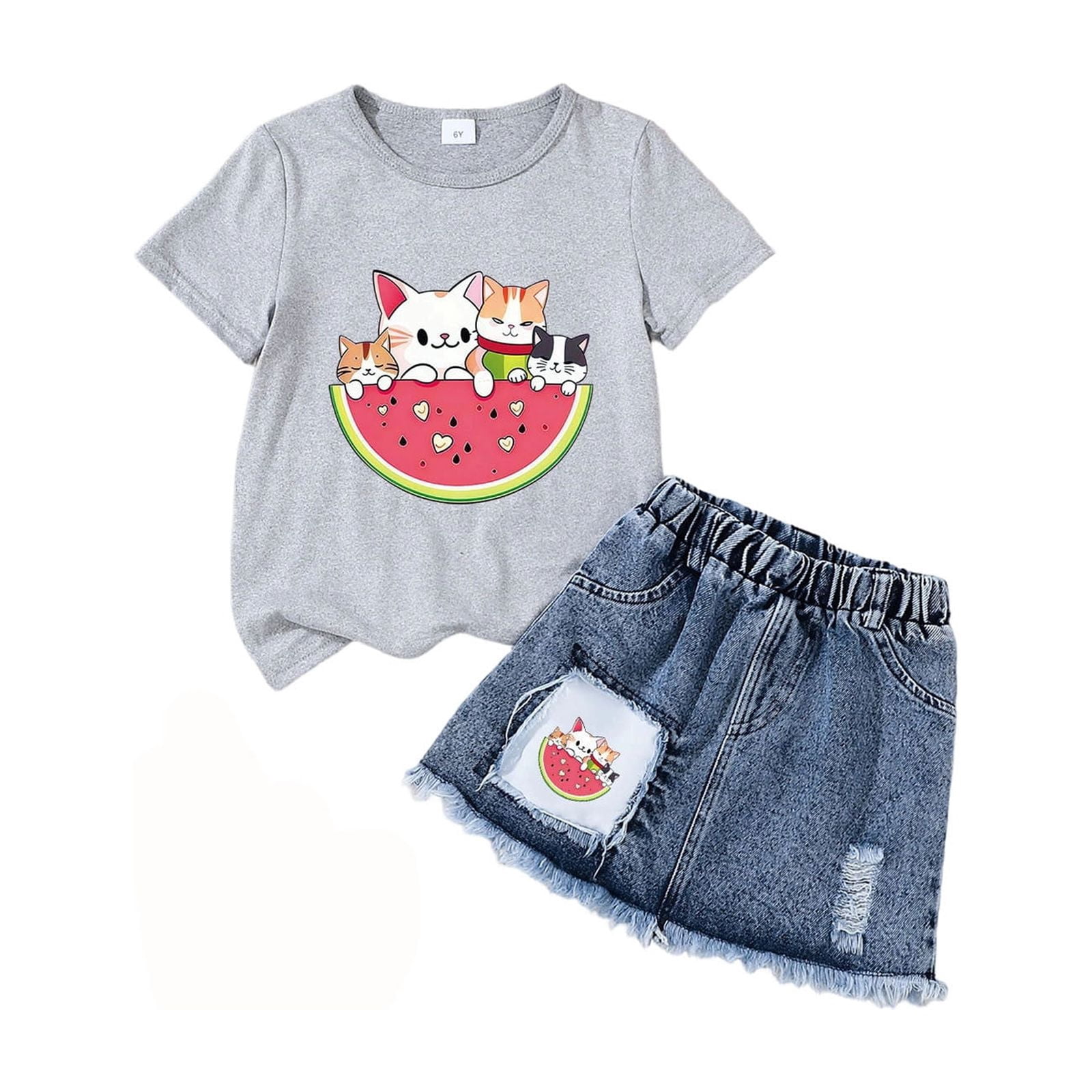 Angala Girls Clothes Sets Crew Neck Short Sleeve Cartoon Print Tops ...