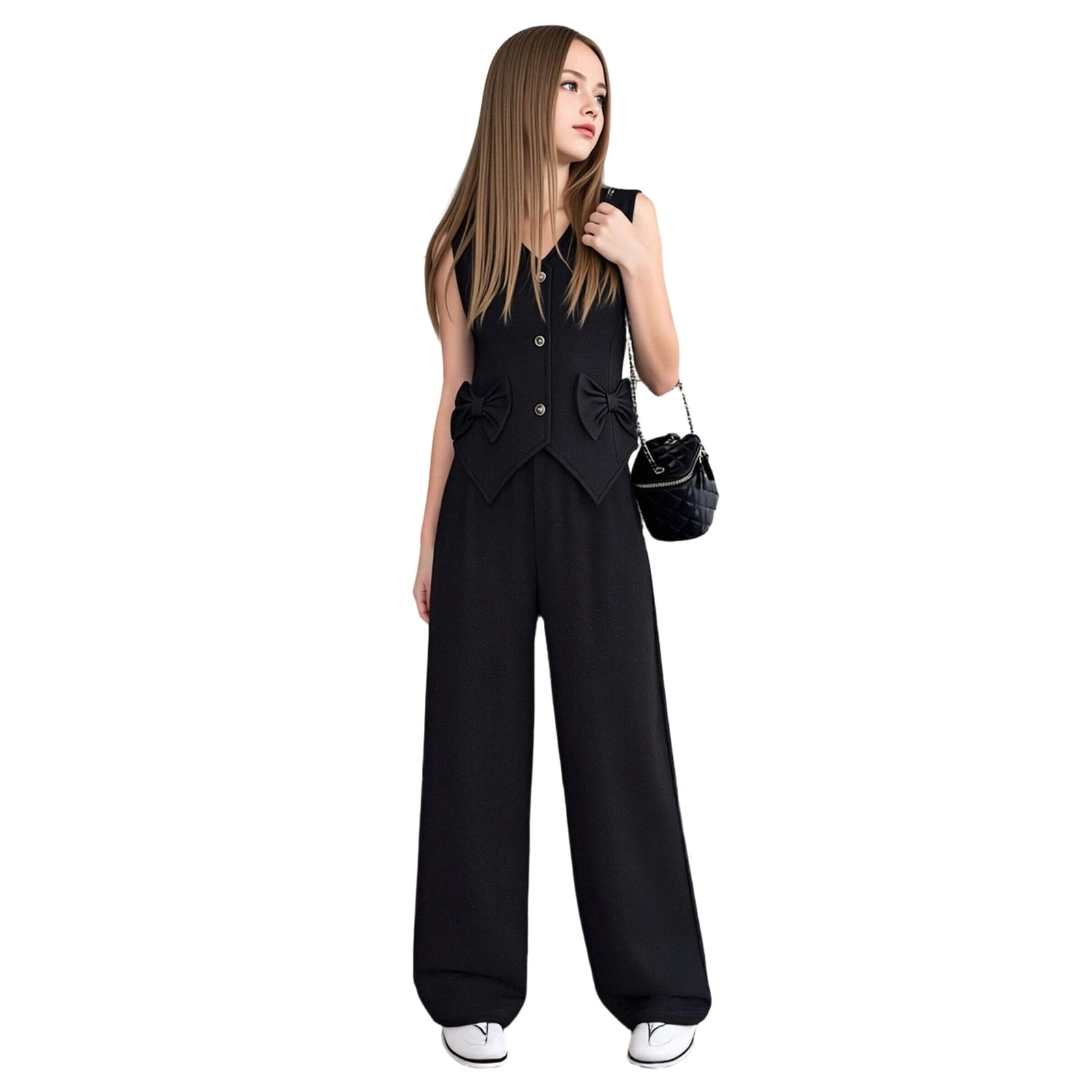 Angala Girls Clothes Sets V Neck Sleeveless Solid Tops With Pants Sets ...