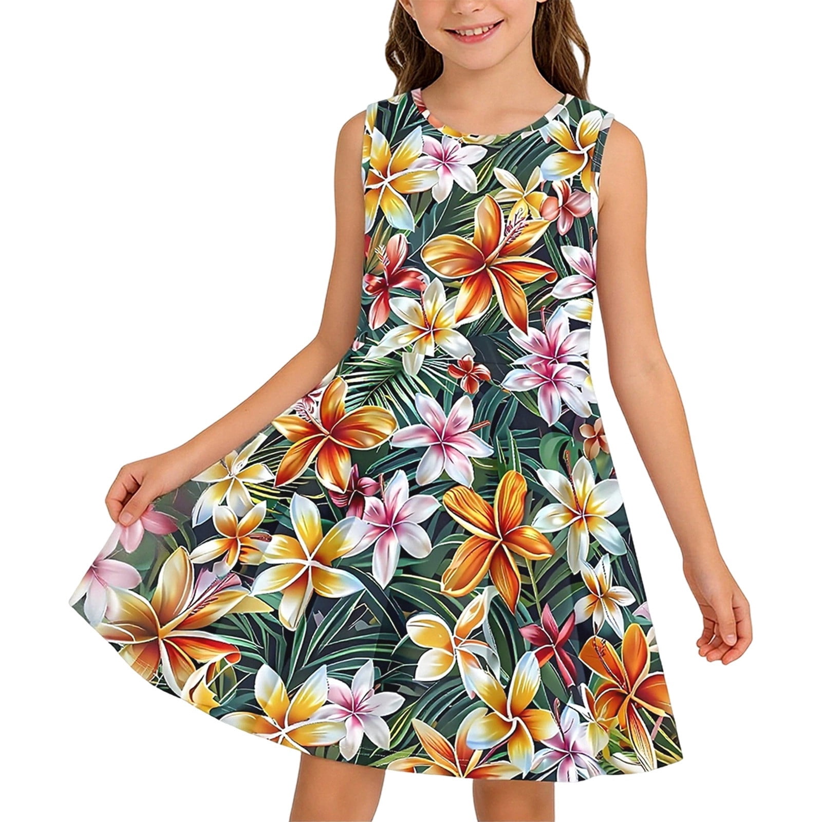 Angala Girls Dresses A Line Dresses Sleeveless Crew Neck Floral Print ...