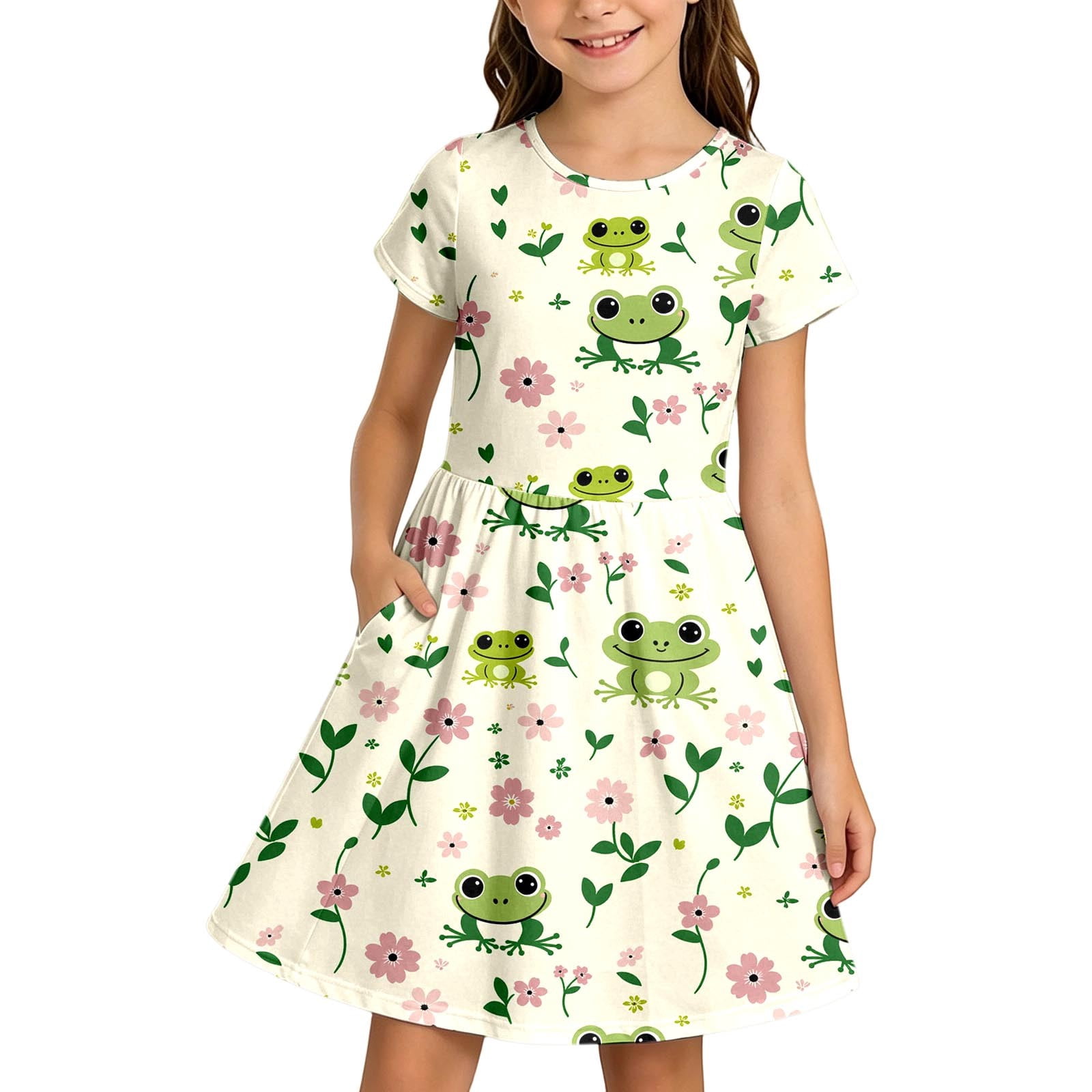 Angala Girls Dresses Cartoon Print Midi Dresses Crew Neck Short Sleeve ...