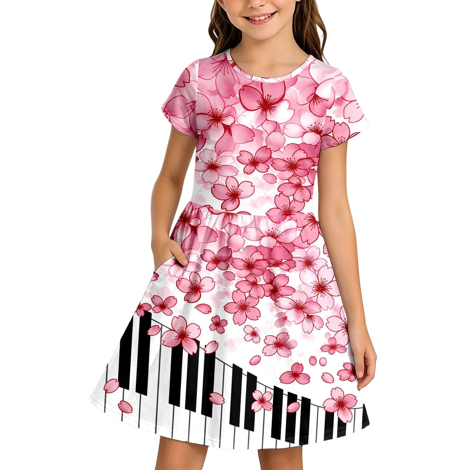 Angala Girls Dresses Crew Neck A Line Dresses Short Sleeve Cartoon ...
