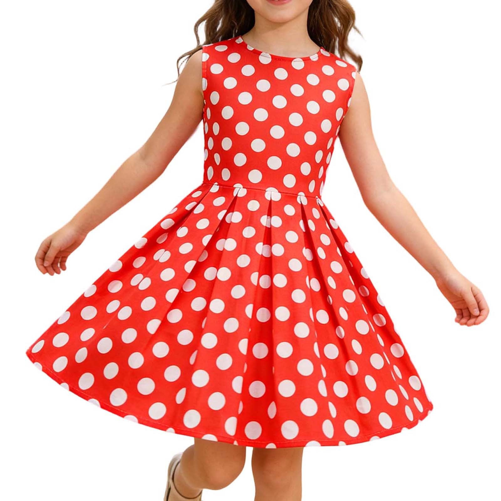 Angala Girls Dresses Crew Neck A Line Dresses Sleeveless Polka Dots ...