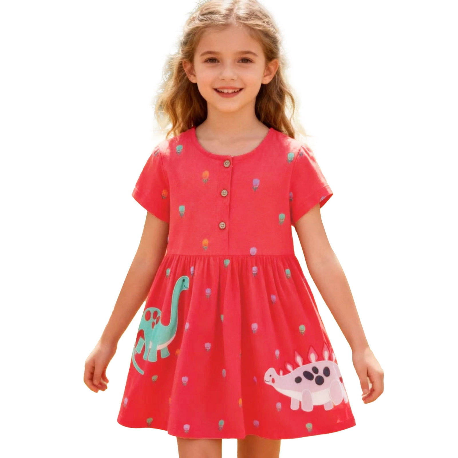 Angala Girls Dresses Crew Neck A Line Dresses Short Sleeve Dinosaur ...