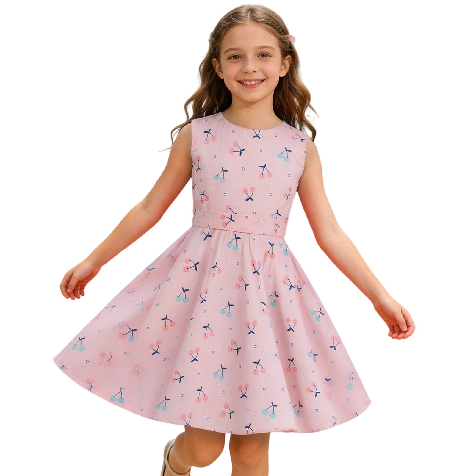 Angala Girls Dresses A Line Dresses Sleeveless Crew Neck Cherries Print ...