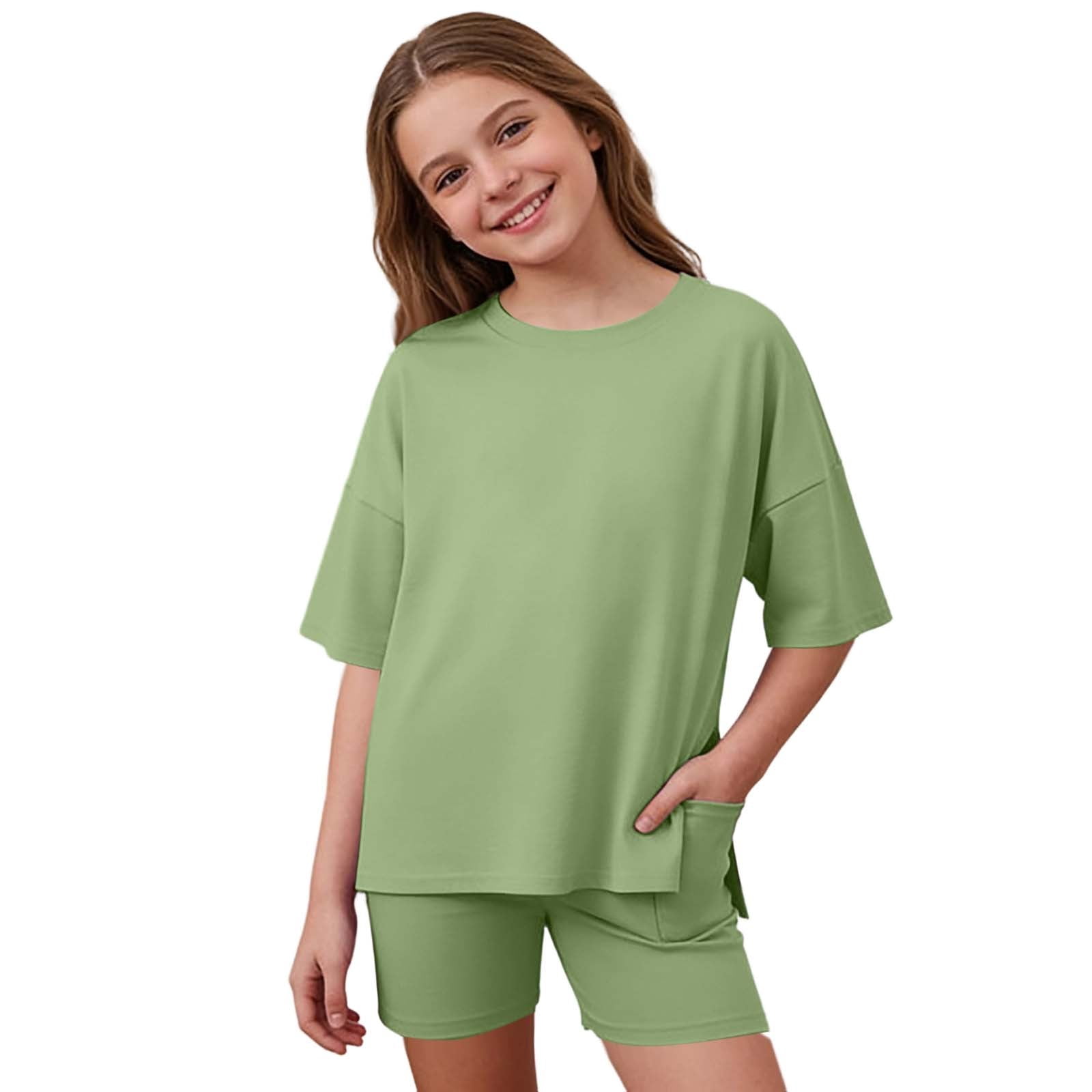 Angala Girls Outfit Sets Crew Neck Short Sleeve Solid Tops With Shorts ...