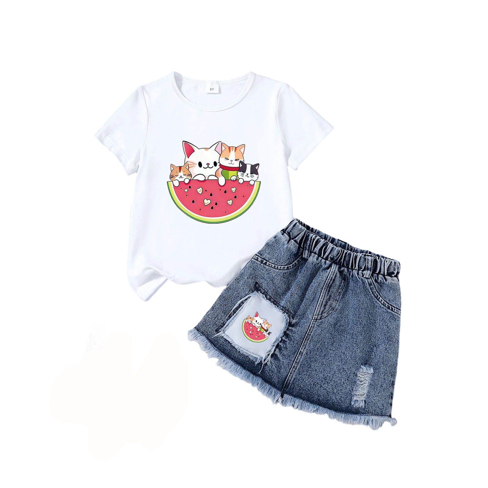 Angala Girls Sets Crew Neck Short Sleeve Cartoon Print Tops With Jean ...