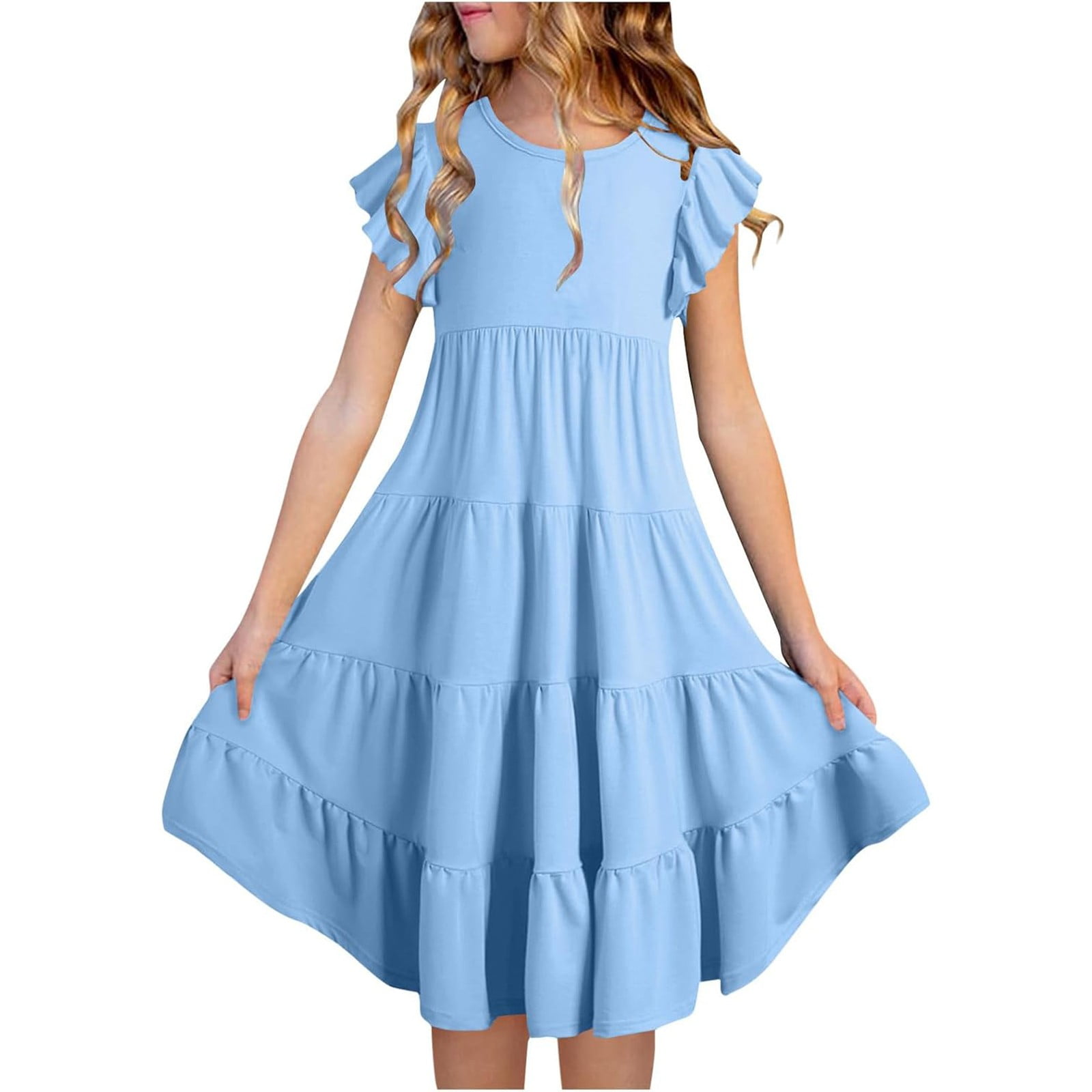 Angala Girls Summer Dresses Double Layer Flutter Sleeve Flowy A Line ...