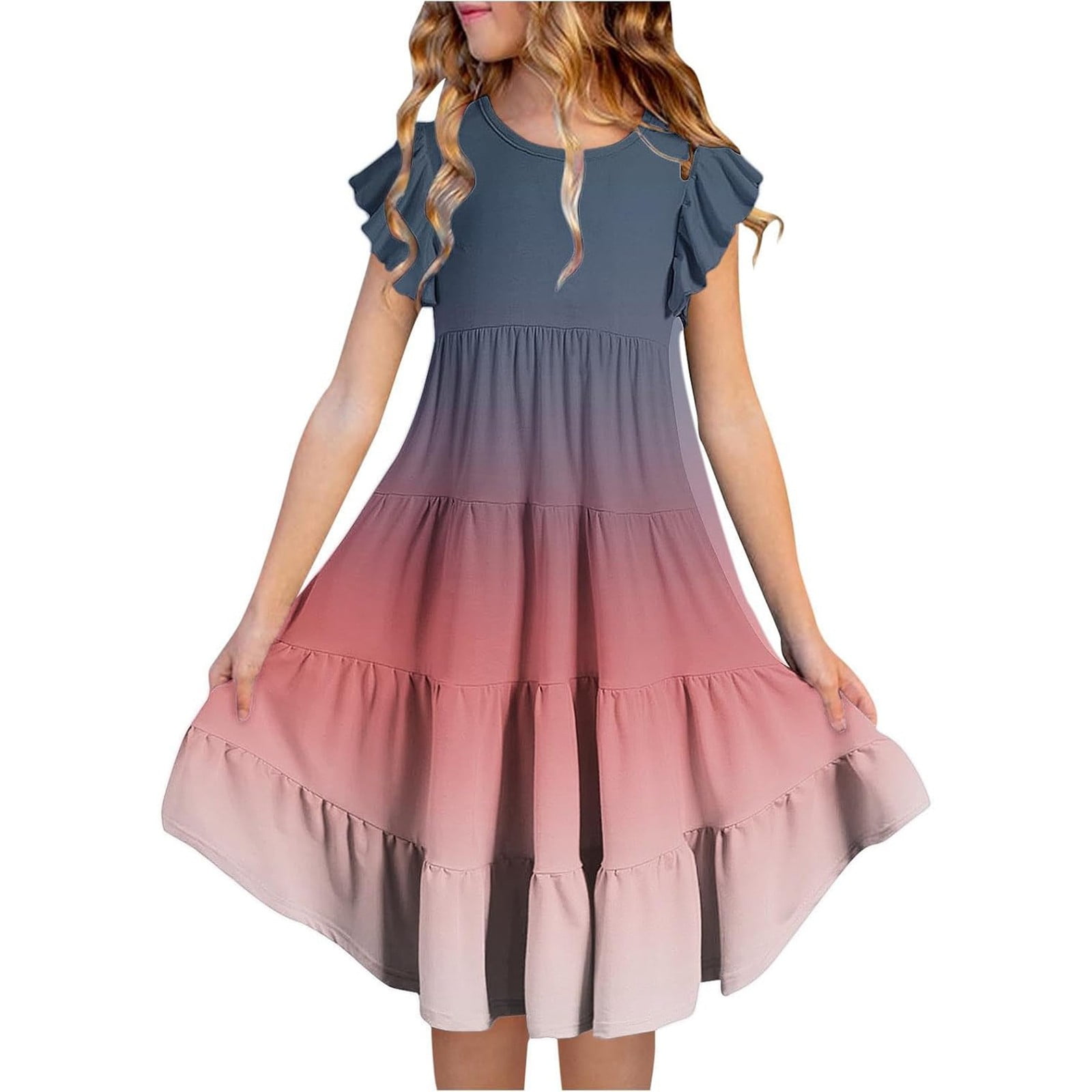 Angala Girls' Summer Gradient Color Round Neck Flutter Sleeve Tiered A ...