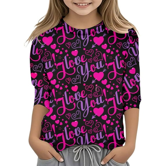 Angala Girls' Valentine's Day Print Fashion Functional Crew Neck 3/4 ...