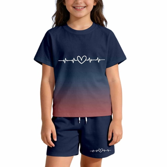 Angala Kids Girls Summer Outfit Sets Crew Neck Short Sleeve Heart Print ...