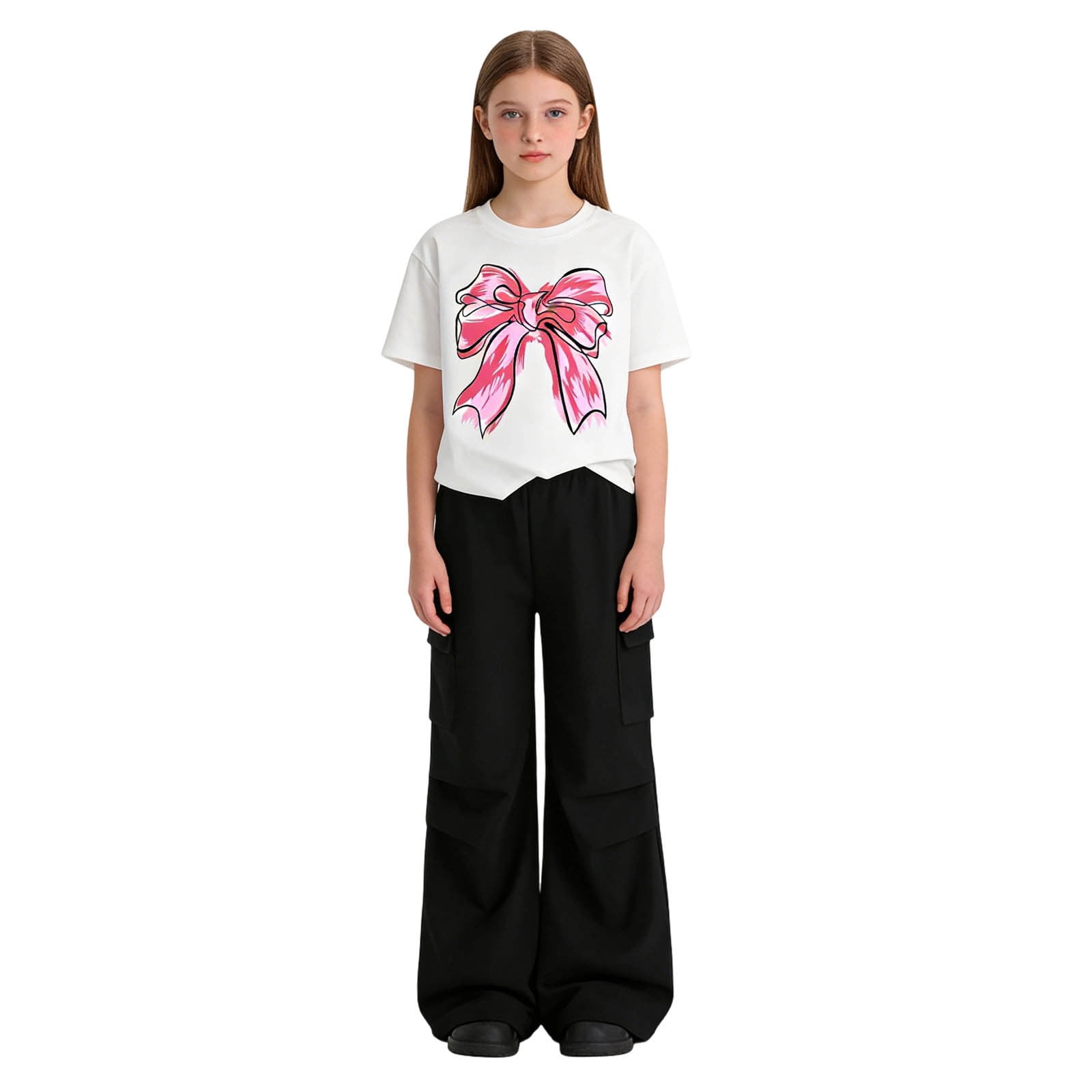 Angala Kids Outfit Set Crew Neck Short Sleeve Bowknot Print Tops With ...