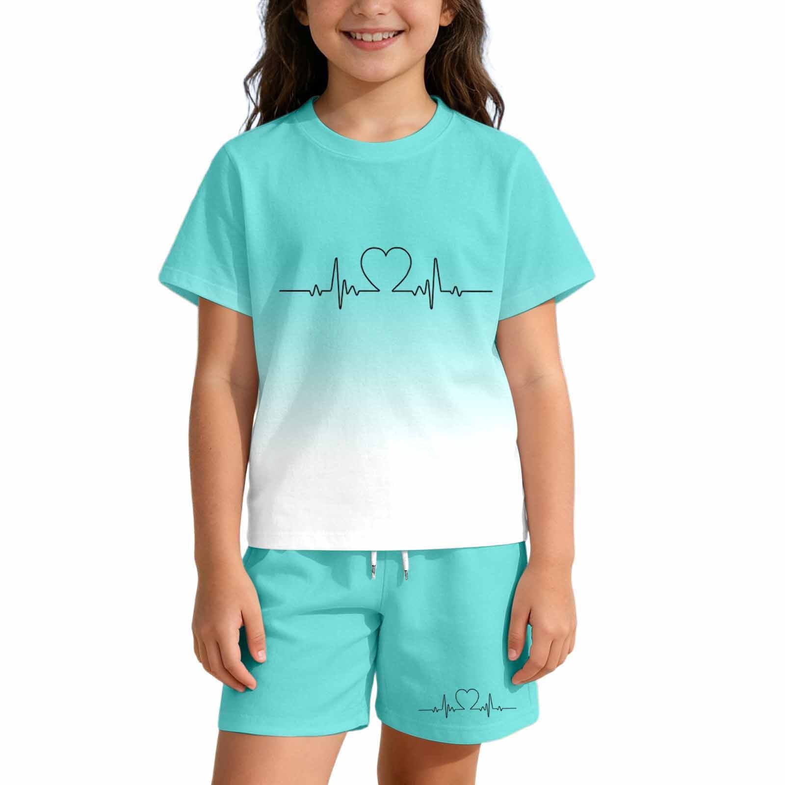 Angala Kids Outfit Set Crew Neck Short Sleeve Heart Print Tops With ...