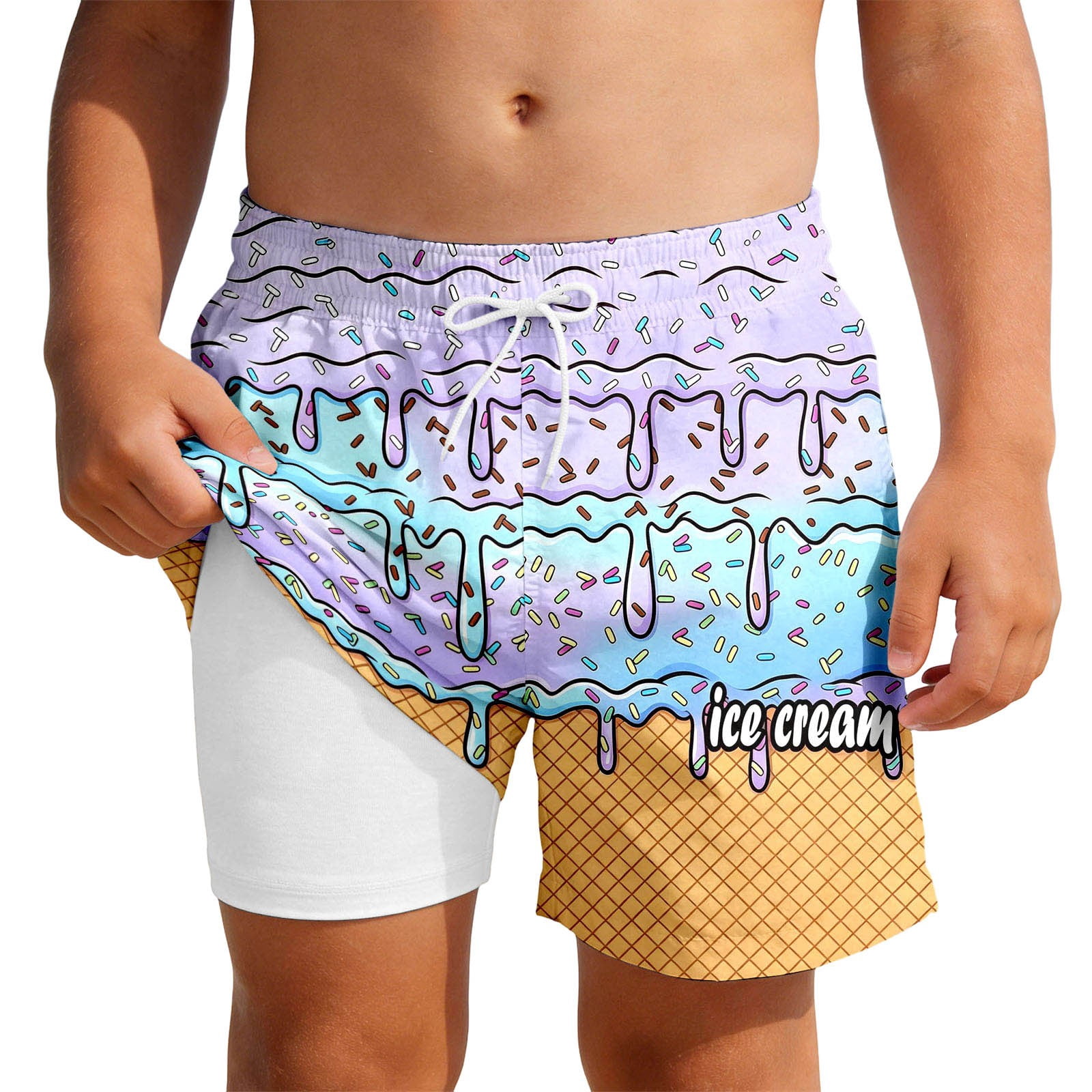 Angala Kids Shorts Elastic Waist Ice Cream Print Swim Shorts Summer ...