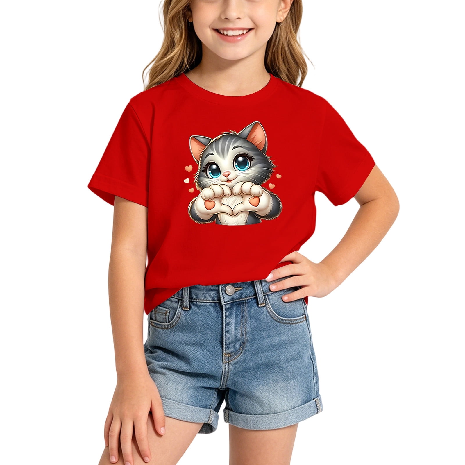 Angala Kids Tees Cartoon Cat Print Summer Shirts Crew Neck Short Sleeve ...