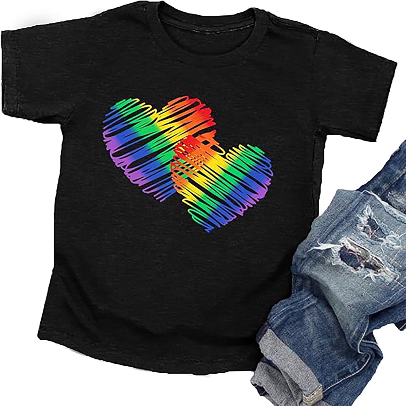 Angala Kids Tees Heart Print Crew Neck Short Sleeve Summer Comfortable ...