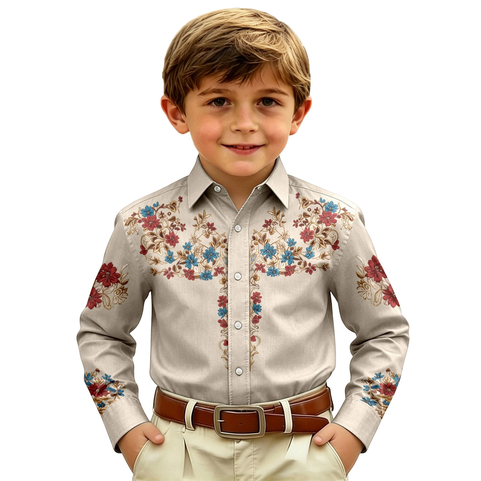 Angala Kids Tops Long Sleeve Shirts Button Down Lapel Neck Floral Print ...